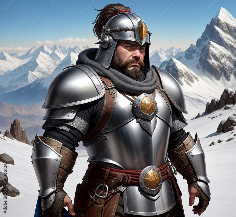 dwarf warrior wearing a heavy armor in mountains background Stock ...