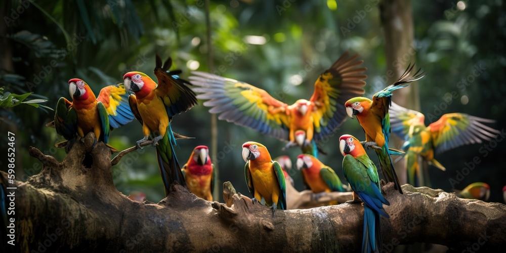 A flock of parrots squawking and flapping their wings in a tropical ...