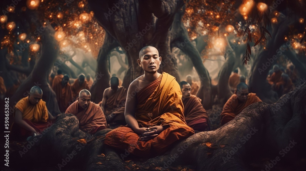 Fantasy Lord of Buddha Enlightenment meditating sitting with crowd of ...