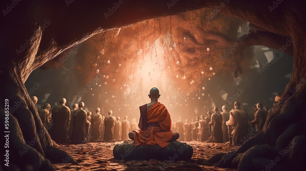 Fantasy Lord of Buddha Enlightenment meditating sitting with crowd of ...