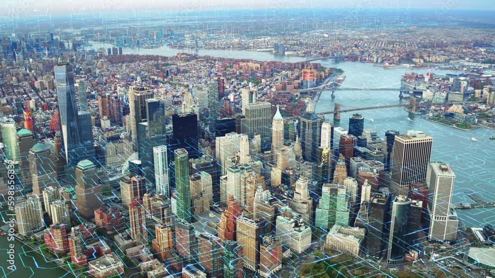 Futuristic Aerial view of Manhattan Financial District with Bright ...
