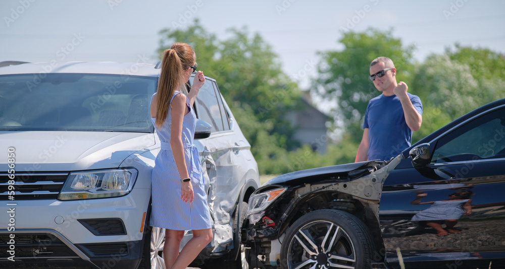 Drivers of smashed vehicles arguing who is guilty in car crash accident ...