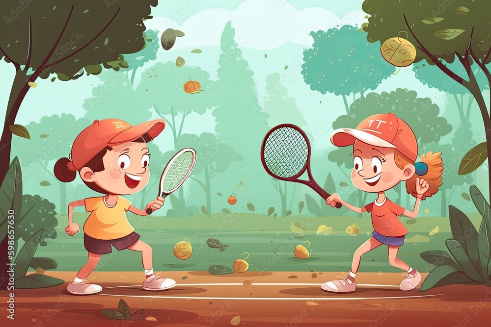 Cartoon illustration of children in the park playing tennis. Generative ...