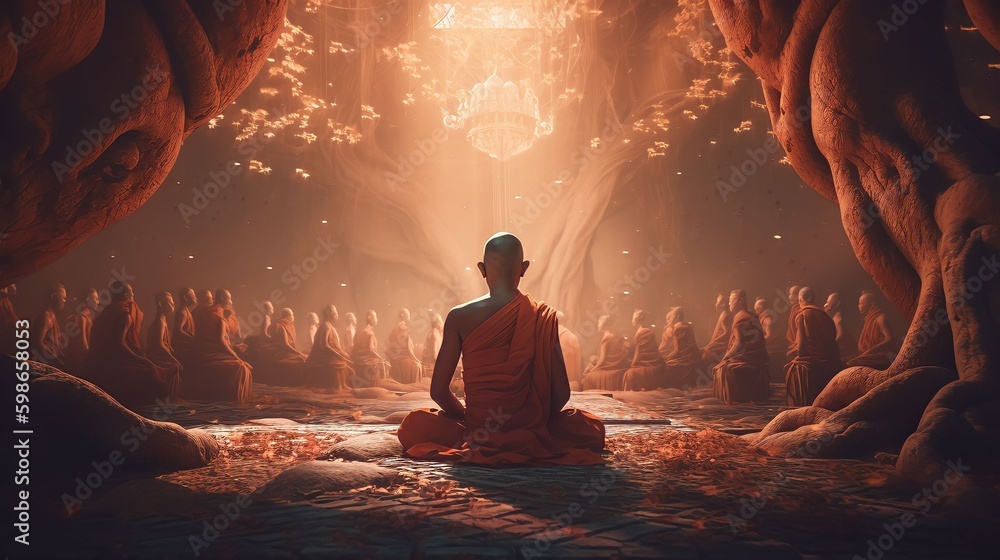 Fantasy Lord of Buddha Enlightenment meditating sitting with crowd of ...