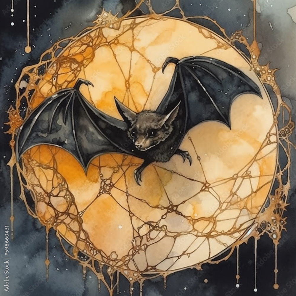 Gothic illustration of a bat with gold patterns in art deco style ...