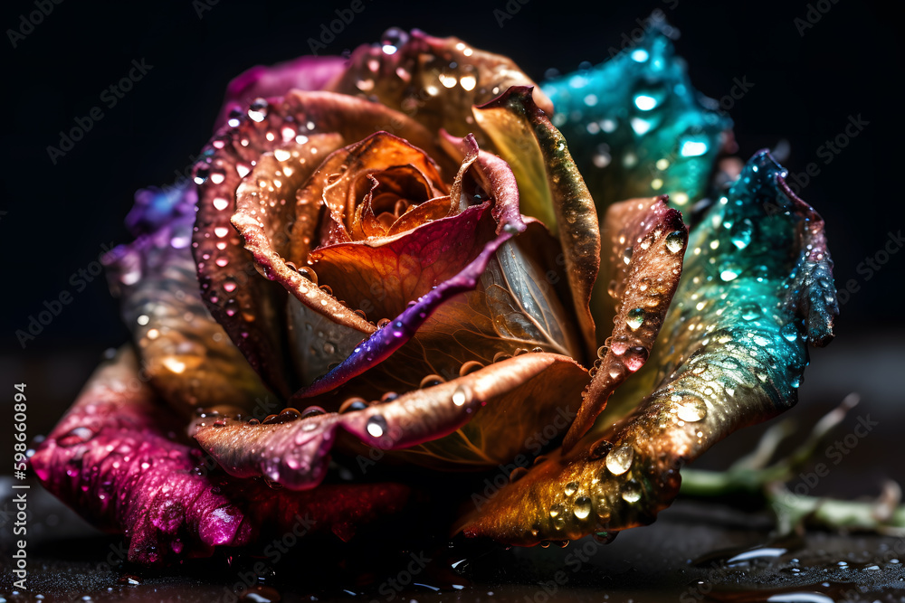 Rainbow rose with dew drops. Neural network AI generated art Stock ...