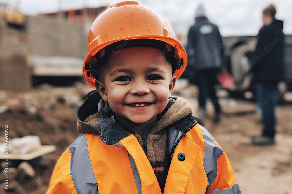 Portrait of a child construction worker wearing hard hat. Generative ai ...