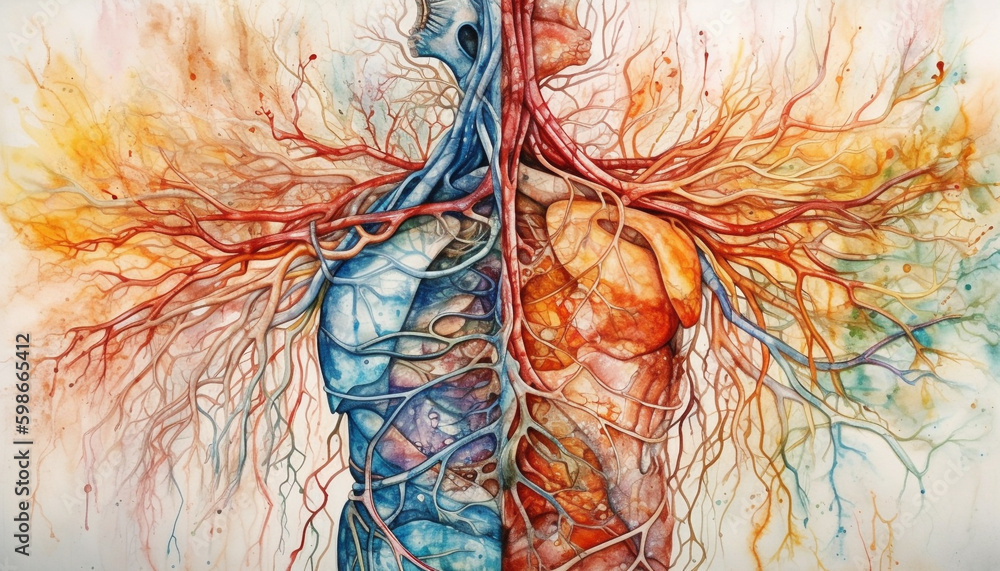 Inside human torso, anatomy illustrates respiratory system generated by ...