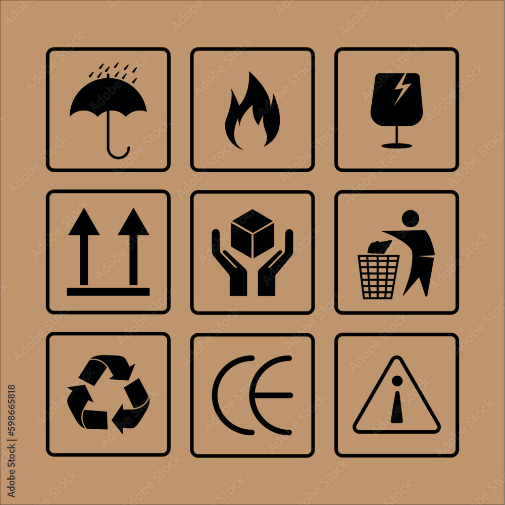 Vector cardboard packaging icon set and Black fragile symbol set Stock ...