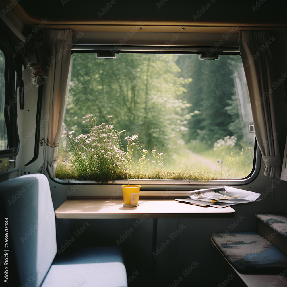 Interior of large caravan auto trailer, outside window sees beautiful ...