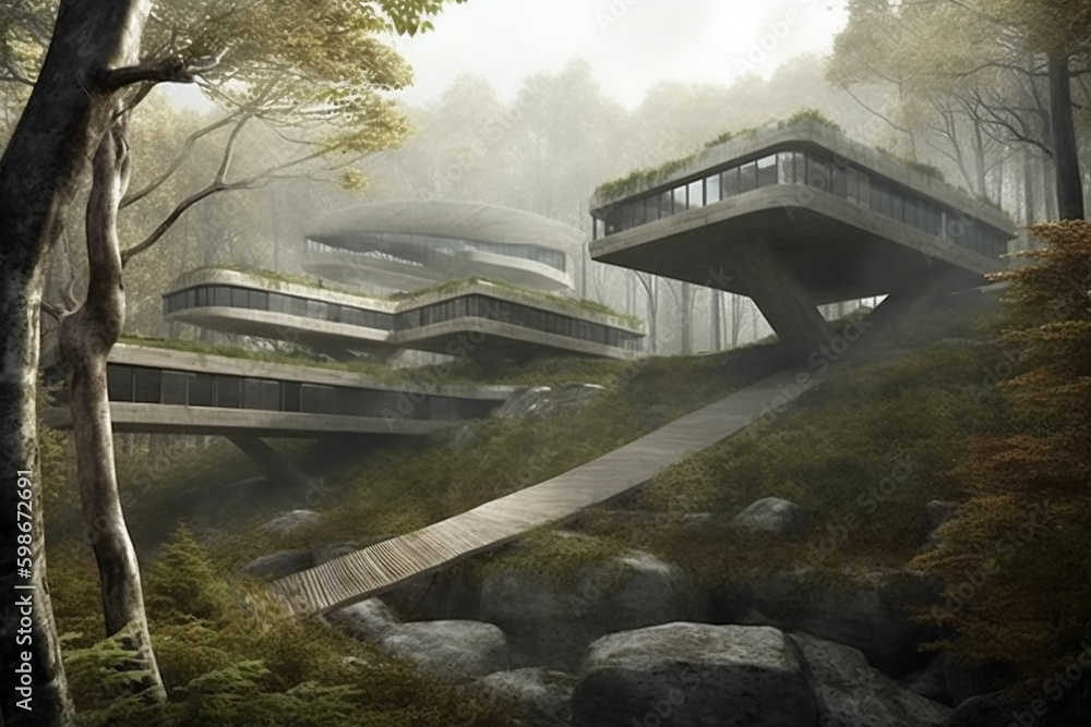 Futuristic hotel, forest, tall trees, moss grass fields, architecture ...