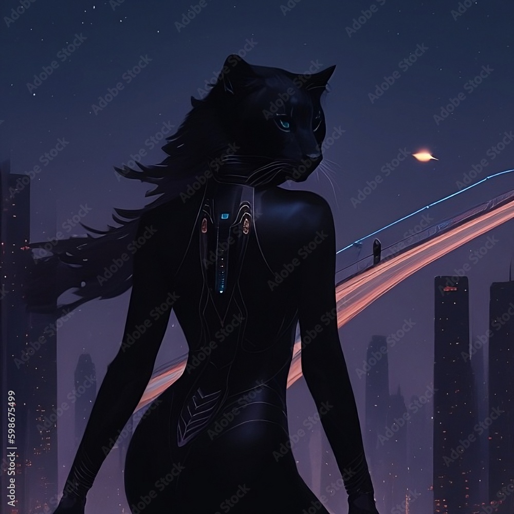 Sexy young woman with a beautiful figure in a black panther mask ...