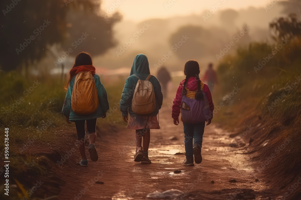 Foto de Education Over Obstacles. Children Trek to School on Dirt and ...