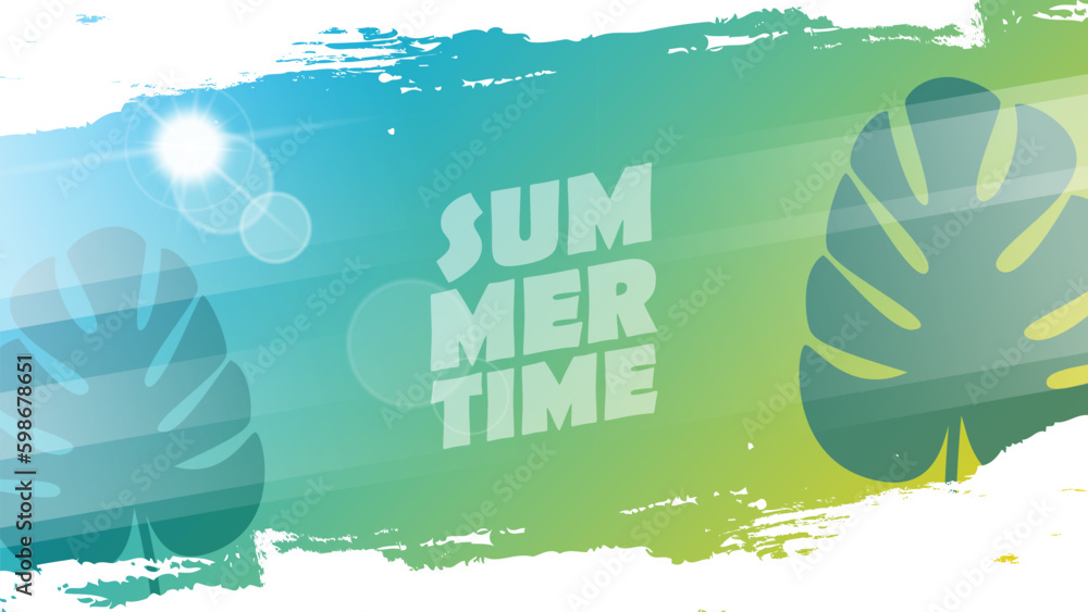 Summertime background with hand lettering, summer sun, tropical leaves ...