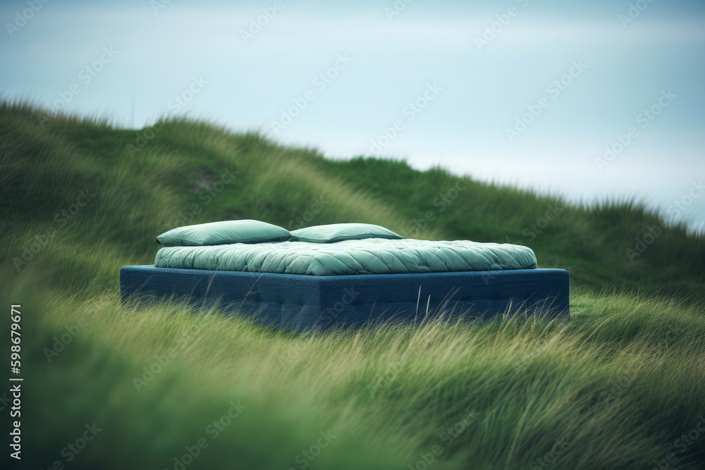 Lonely bed stand on grass dune hill with beautiful sky, surreal ...