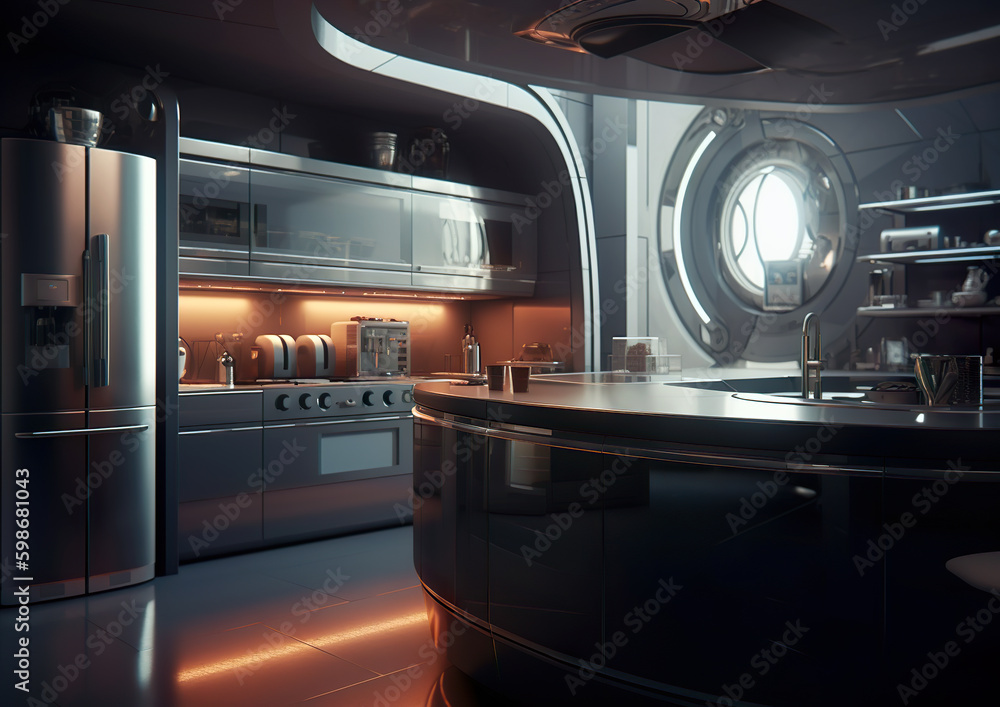 3D sci-fi kitchen detail. Very nice, clean lines characterize the ...
