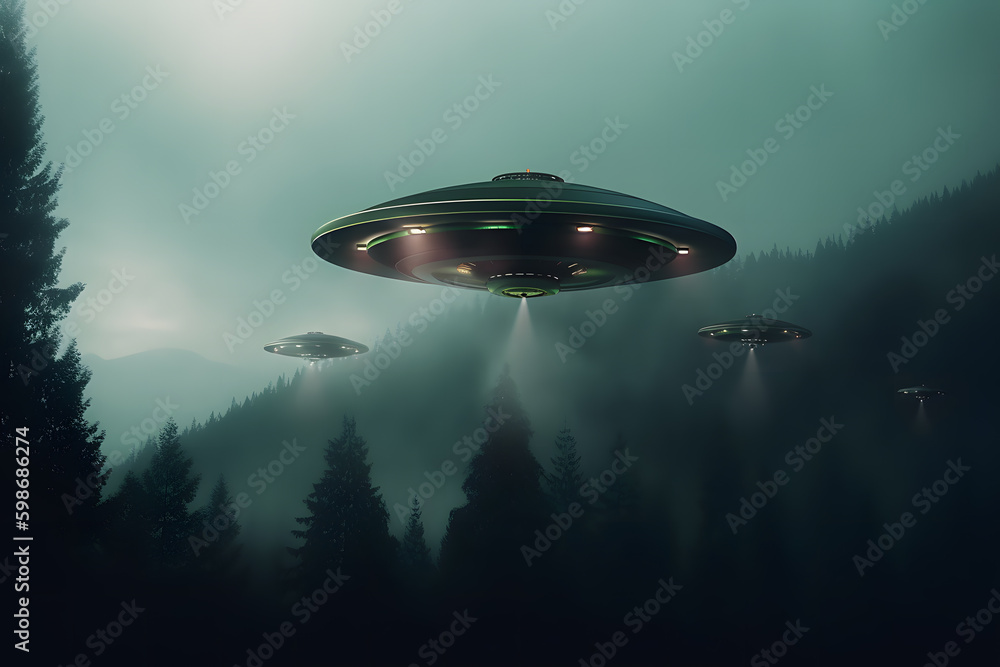 Low key image of UFO hovering over a forest at night with light beam ...