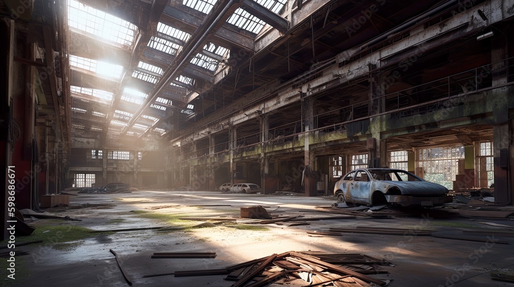 Industrial interior of abandoned car construction factory, forgotten ...