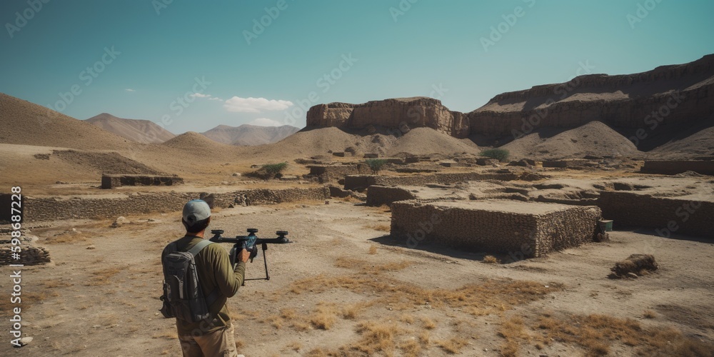 A specialized drone operator surveys a remote archaeological site ...