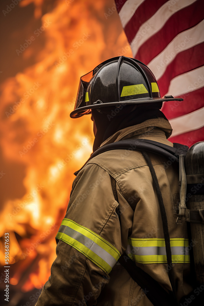 American firefighter. rubble and ruins in the background. United States ...