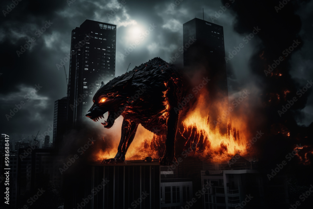 Mystical scandinavian beast wolf Fenrir destroying modern city. Fenrir ...