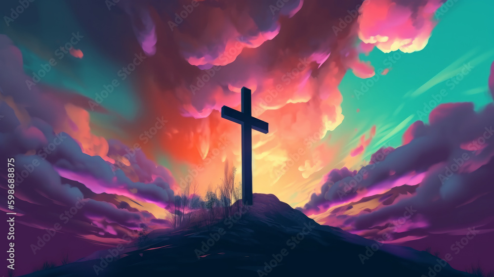 Jesus cross symbol on colorful clouds background. Colorful clouds ...