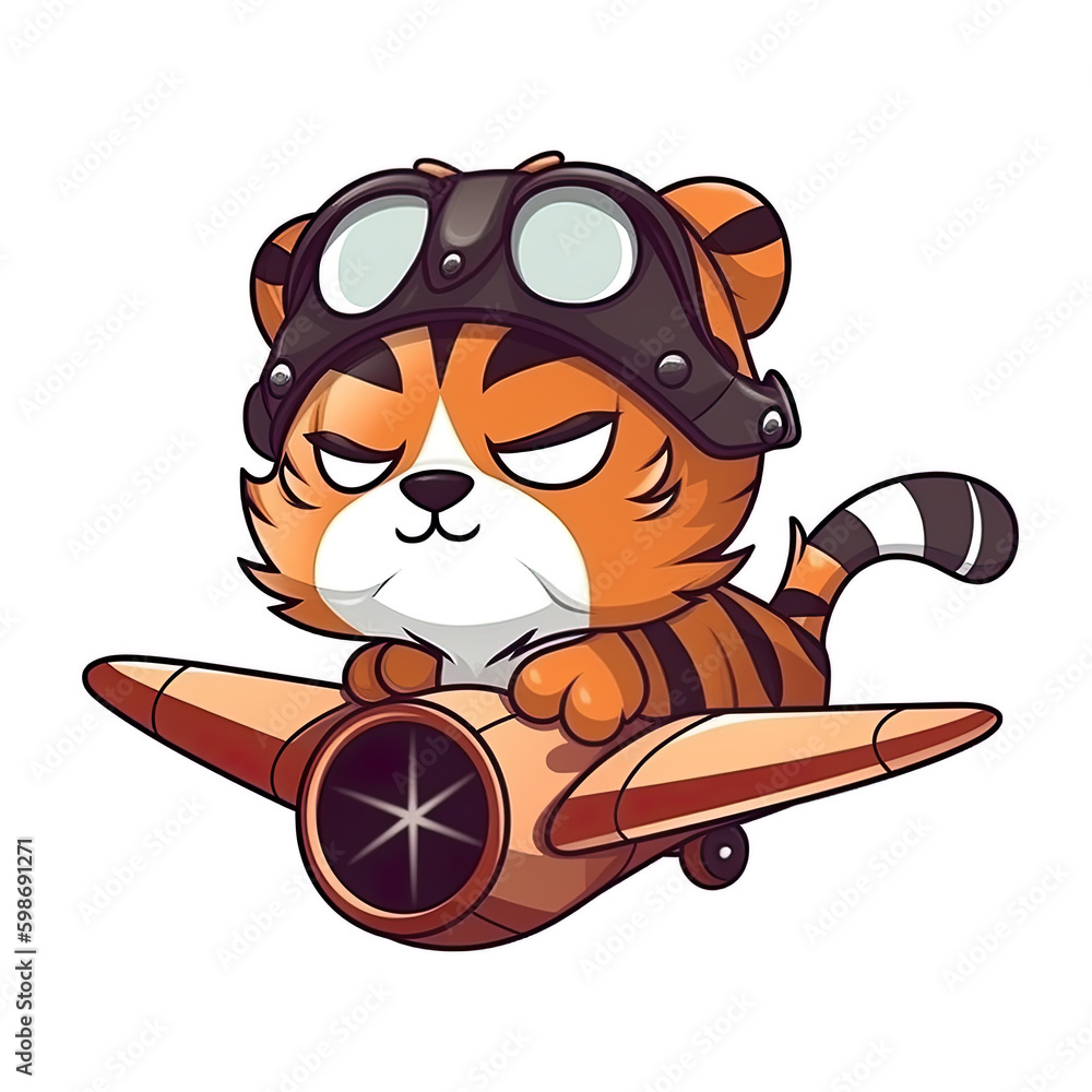 Cute tiger fly airplane, cartoon chibi style, AI generative ...