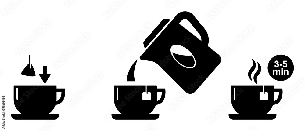 Tea brew instruction icons. Set of outlined tea icons. Tea making ... Tea brew instruction icons. Set of outlined tea icons. Tea making ...