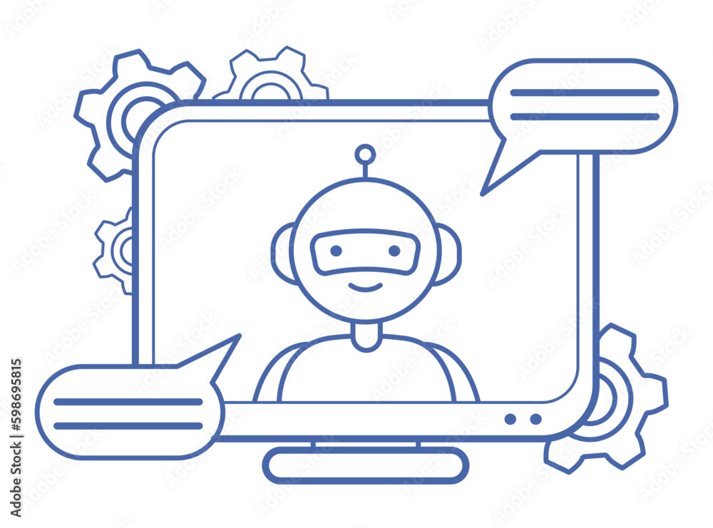 Chatbot on computer screen vector illustration. Thin linear icon of AI ...