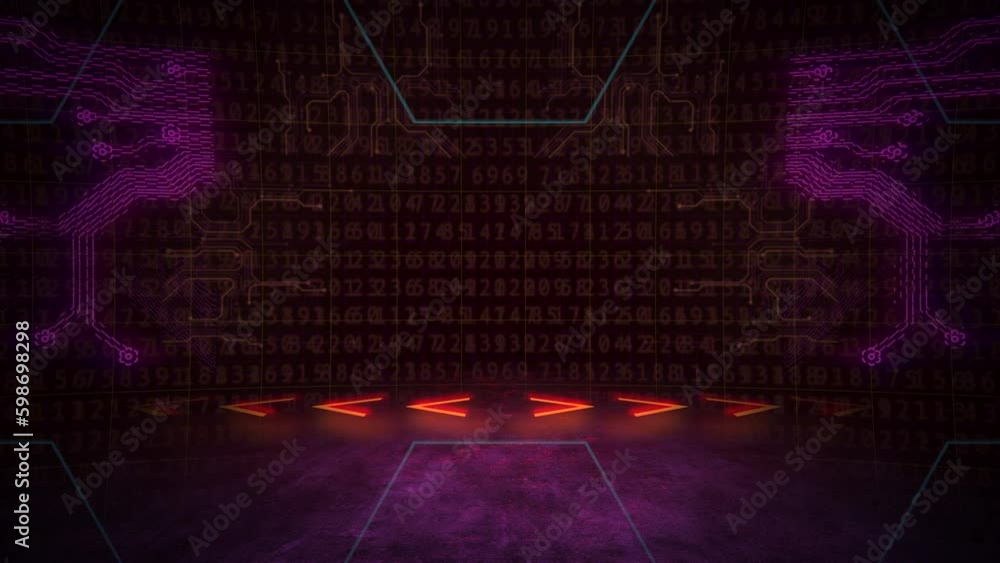 Digital computer screen with neon HUD elements and numbers, motion ...