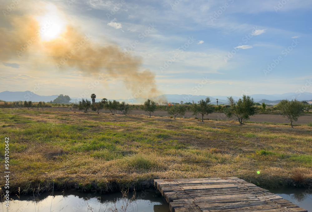 Fire on farm field. Fires in Spain due to drought. Hot weather and ...