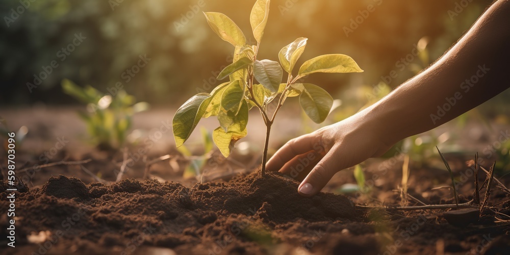 Hands plant a young sapling in a community garden, contributing to a ...