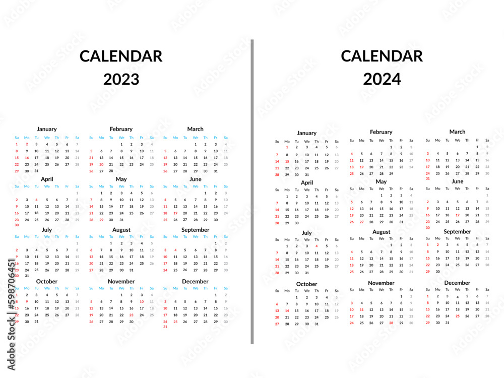 Calendar yearly 2023 2024. Week starts on Sunday. Set of 12 Months ...