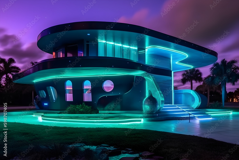 Neon themed mansion, futuristic, Miami vibes Stock Illustration | Adobe ...