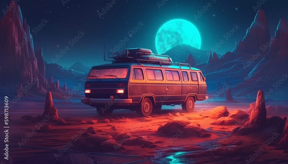 Vintage van on a desert landscape at night background of a starry sky ...