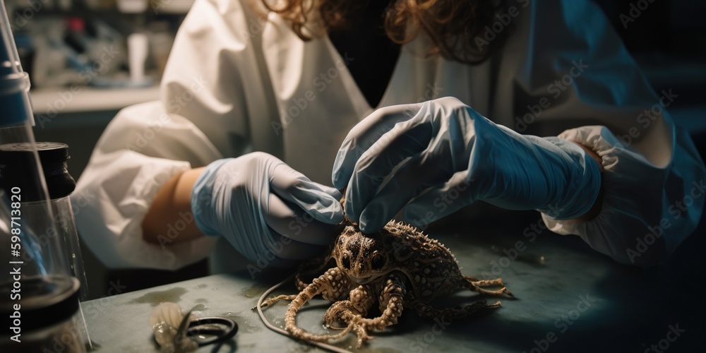Hands of marine biologist studies a deep-sea creature in laboratory ...