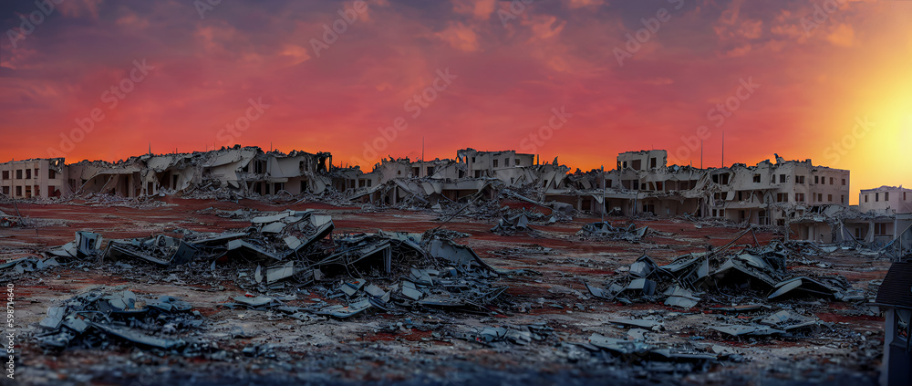 A blood red sunset over a city with buildings and car wreckage covered ...