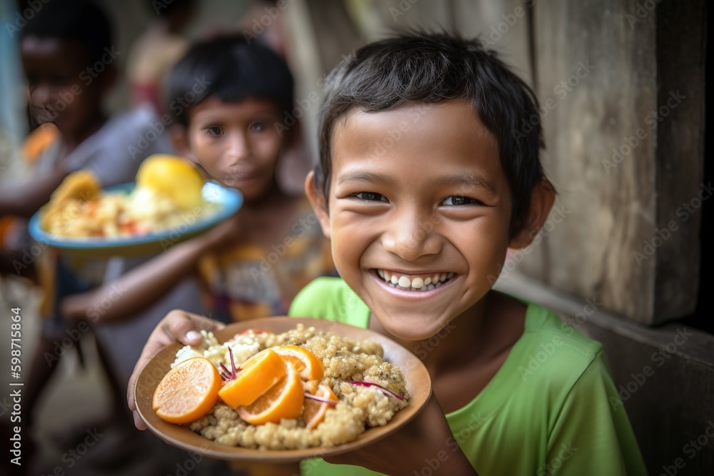 Adorable smiling child in poor conditions happy for having a plate full ...