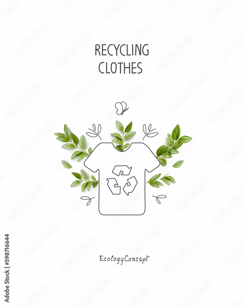 Recycling clothes hand drawn sign with green leaves and sprouting ...