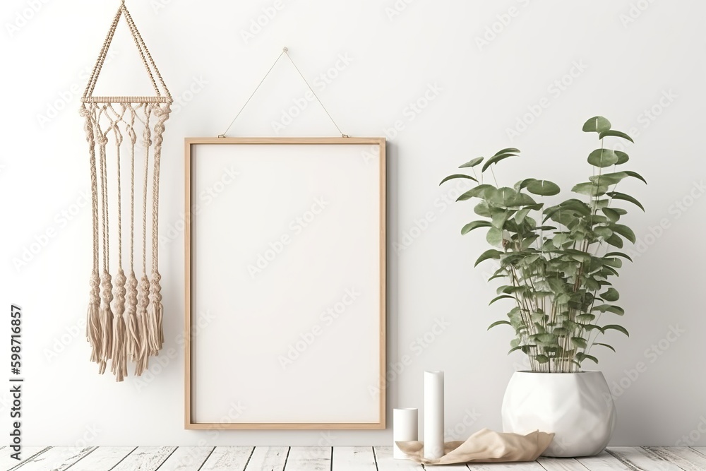 Interior poster mockup with vertical wooden frame on empty white wall ...