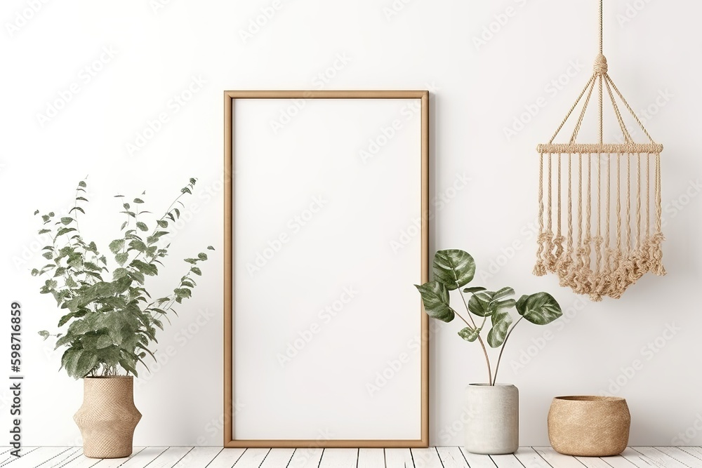 Interior poster mockup with vertical wooden frame on empty white wall ...