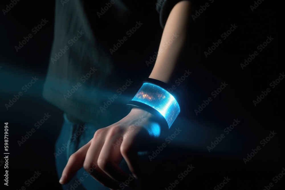 Futuristic smart device with glowing hologram display on human hand ...
