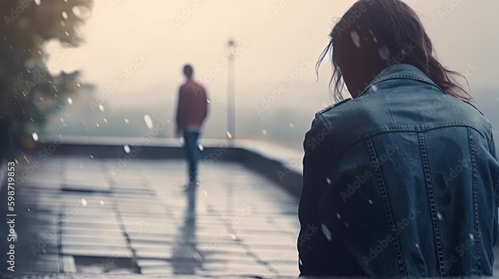 Crying woman against blurred man silhouette, quarrel of lovers outdoor ...