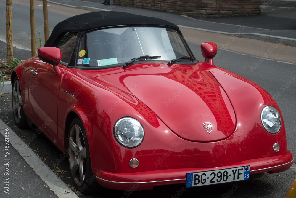 Colmar - France - 30 April 2023 - Front view of red pgo roadster car ...