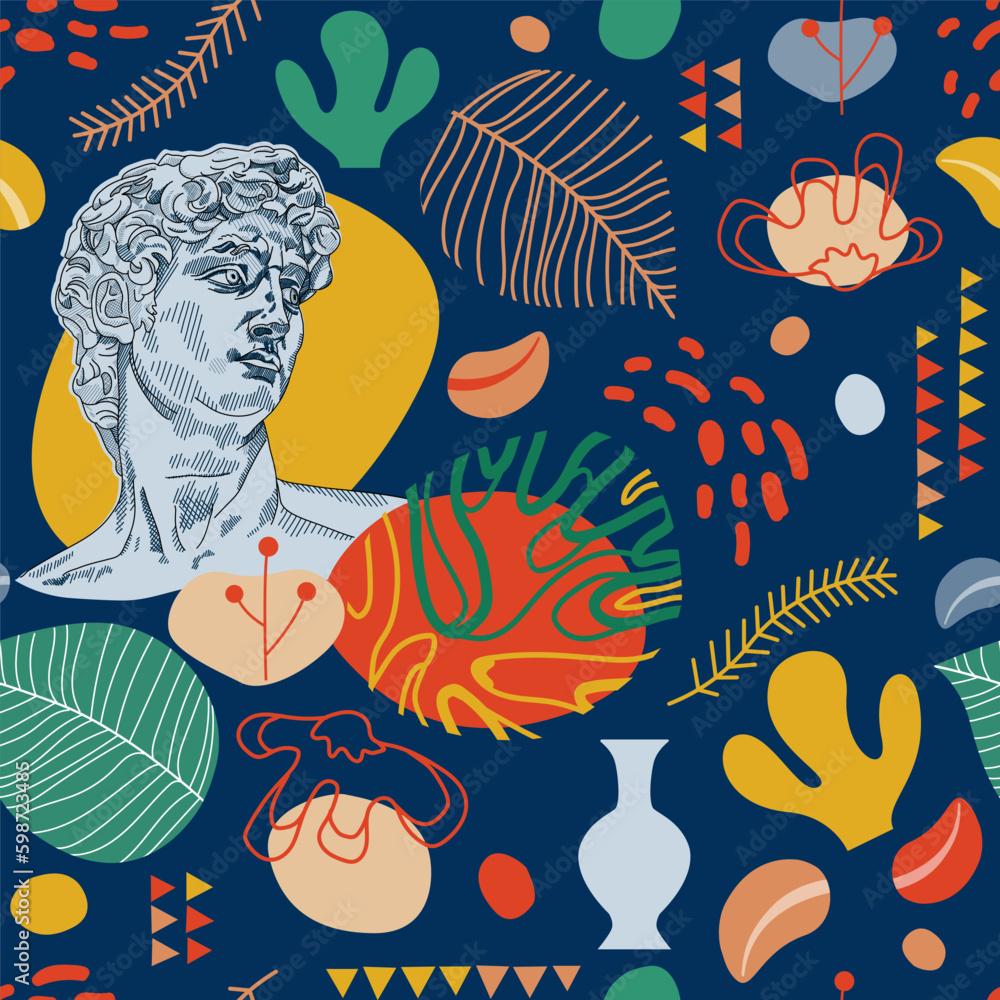Seamless pattern with ancient statues. Ancient Greek sculpture elements ...