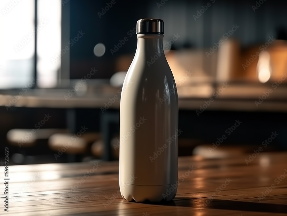 Water bottle mockup on the table of caffeteria. Coffe, watter ...