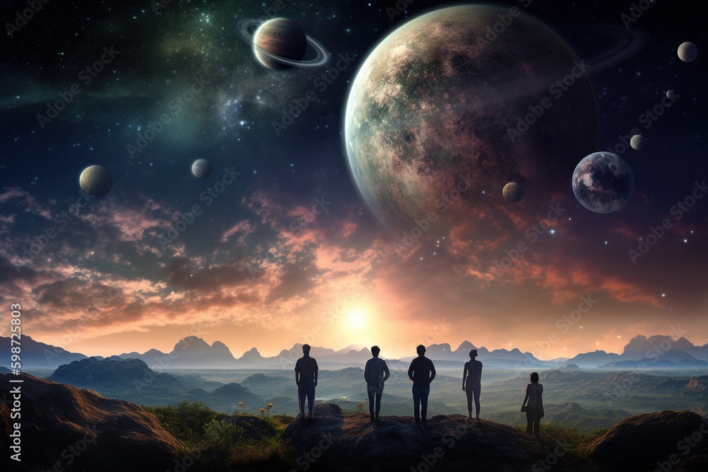 A group of people stand in a clearing and look at the planets that are ...