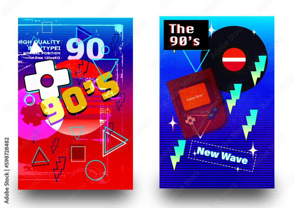 90s Party Banner set. Retro Future background. Perspective grid with ...