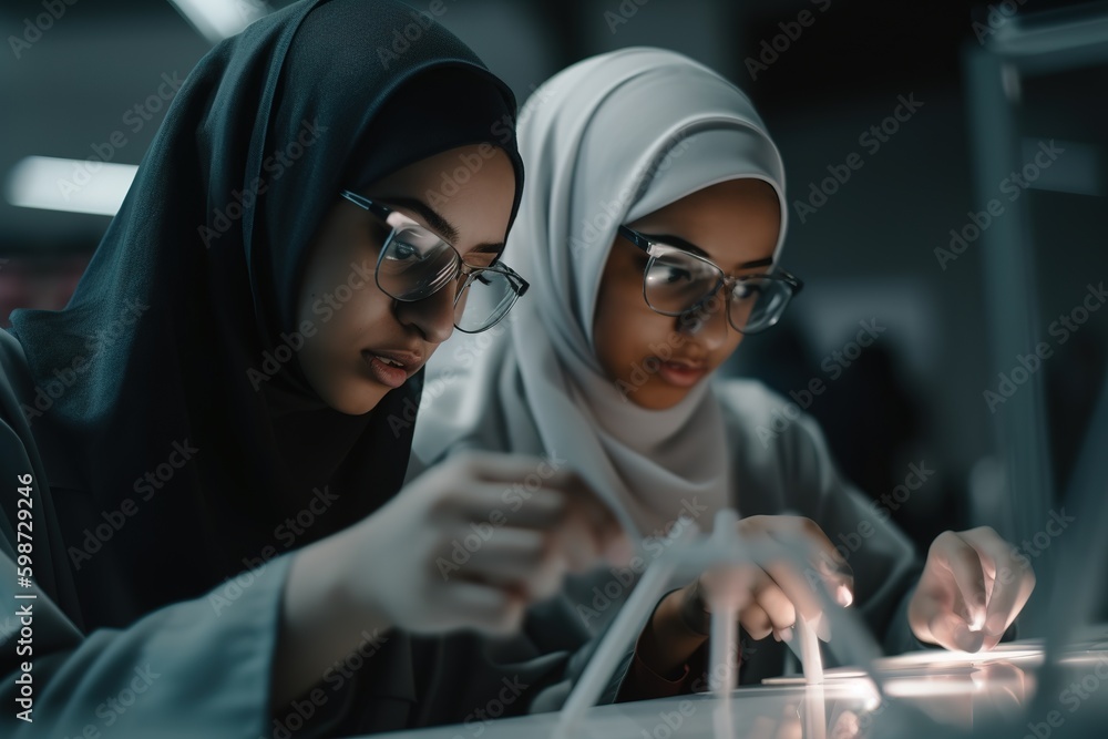 Two Muslim female students doing scientific research in the lab ...