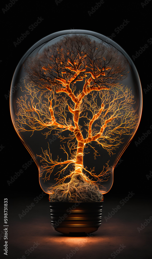 Bare tree with shining burning trunk and deep roots. Light bulb with ...